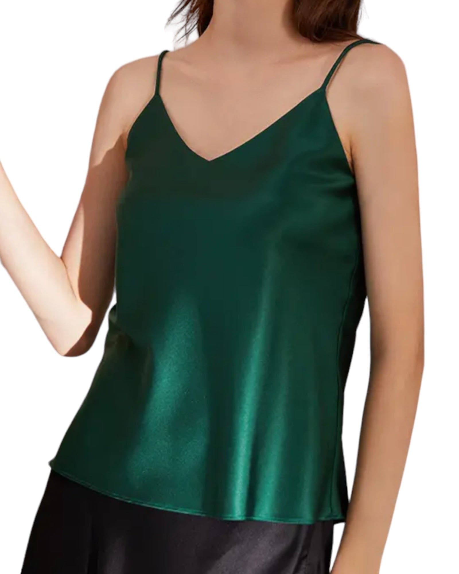 Silk V-Neck Cami Top - Dark Green